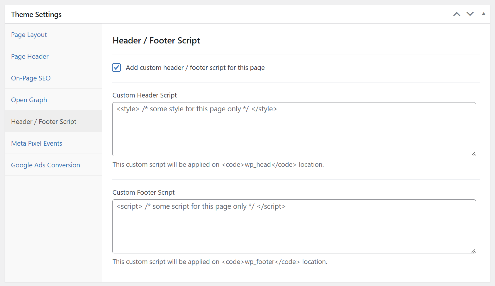Page Settings - Custom Header & Footer Script - TokoPressID